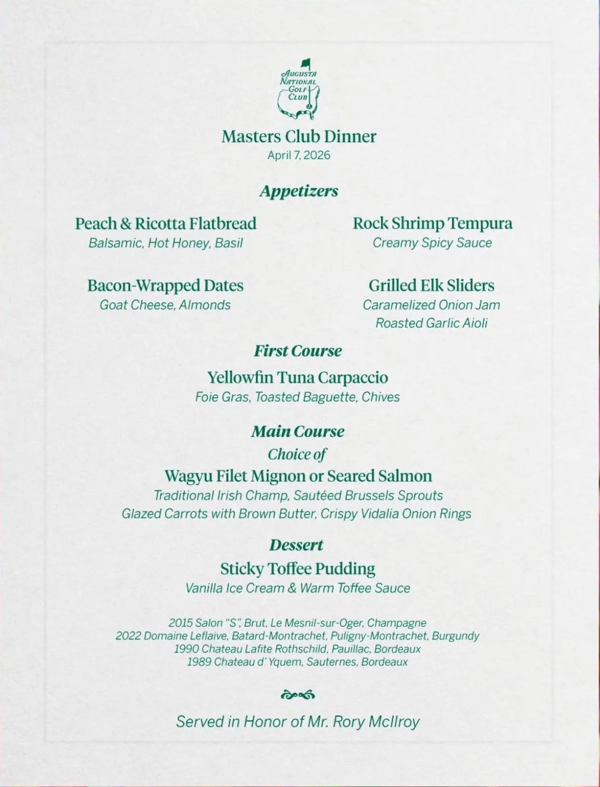 What's on the menu for Rory McIlroy's 2026 Masters Champions Dinner?
